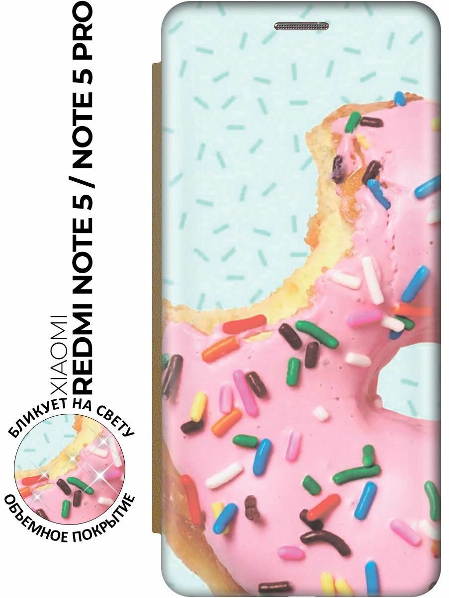 Чехол-книжка Вкусный пончик на Xiaomi Redmi Note 5 / Note 5 Pro / Сяоми Редми Ноут 5 / Ноут 5 Про с эффектом блика золотой