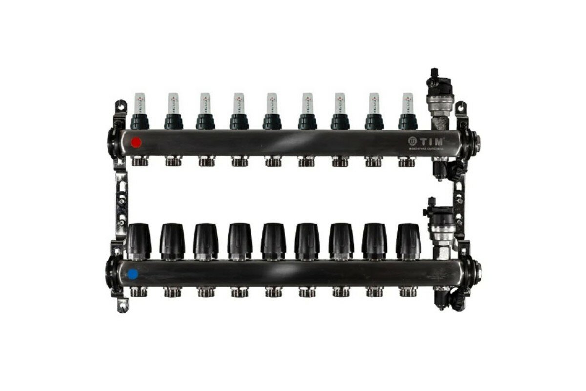Коллектор с расходомерами, из нержавеющей стали, 1", 9 выходов, автовоздухоотводчик, сливной кран TIM KCS5009