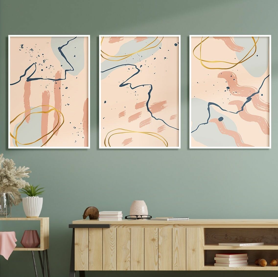 Постер 3 шт 60х90 без рамки "Абстракция бежевые разводы" набор картин для интерьера