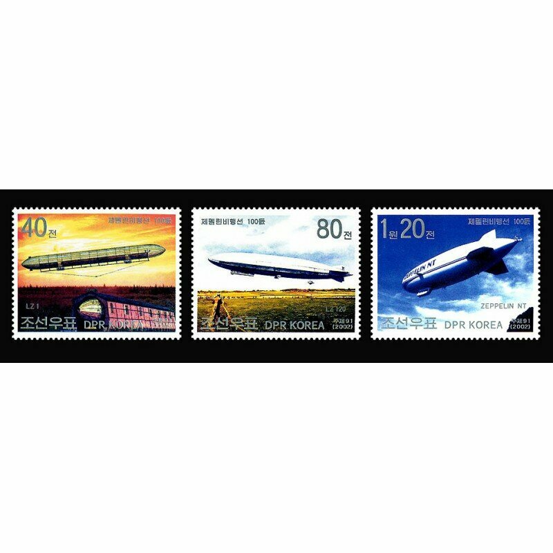 Почтовые марки Северная Корея 2002г. "Столетие полета дирижабля Zeppelin" Дирижабли MNH