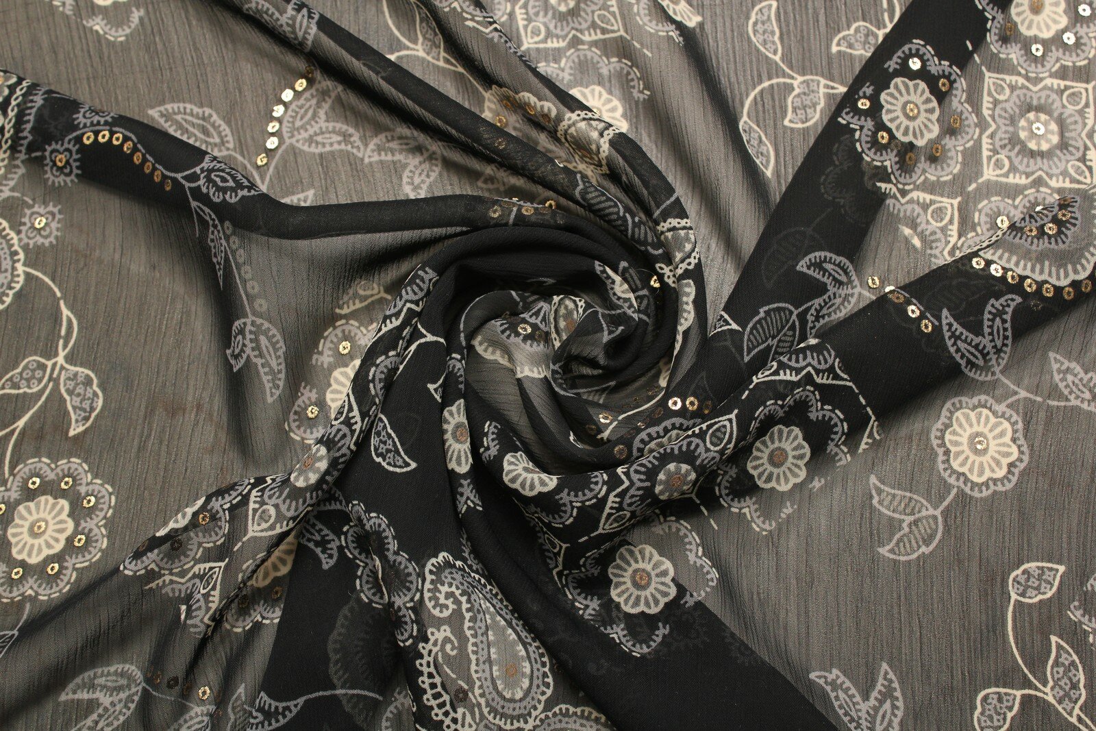 Ткань Шифон-креш серо-бежевый рисунок с имитацией золотистых пайеток, ш146см, 0,5 м