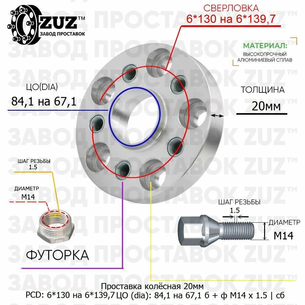 Проставка колёсная 1 шт 20мм 6*130 на 6*139,7 ЦО 84,1 на 67,1 Крепёж в комплекте Гайка + Шпилька М14*1,5 ступичная с бортиком переходная адаптер для дисков 1 шт на ступицу 6x130 на 6x139,7