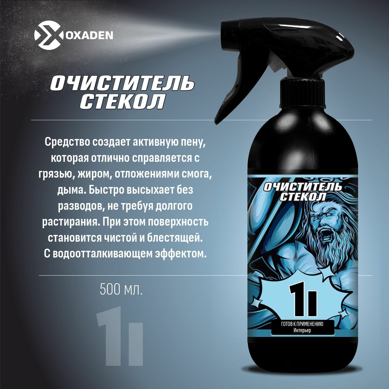 Очиститель стекол 1I в автомобиле от грязи, жира, дыма- 0.5 л