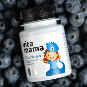 Dino Vision, жевательные таблетки с черникой Vitamama, 90 таблеток