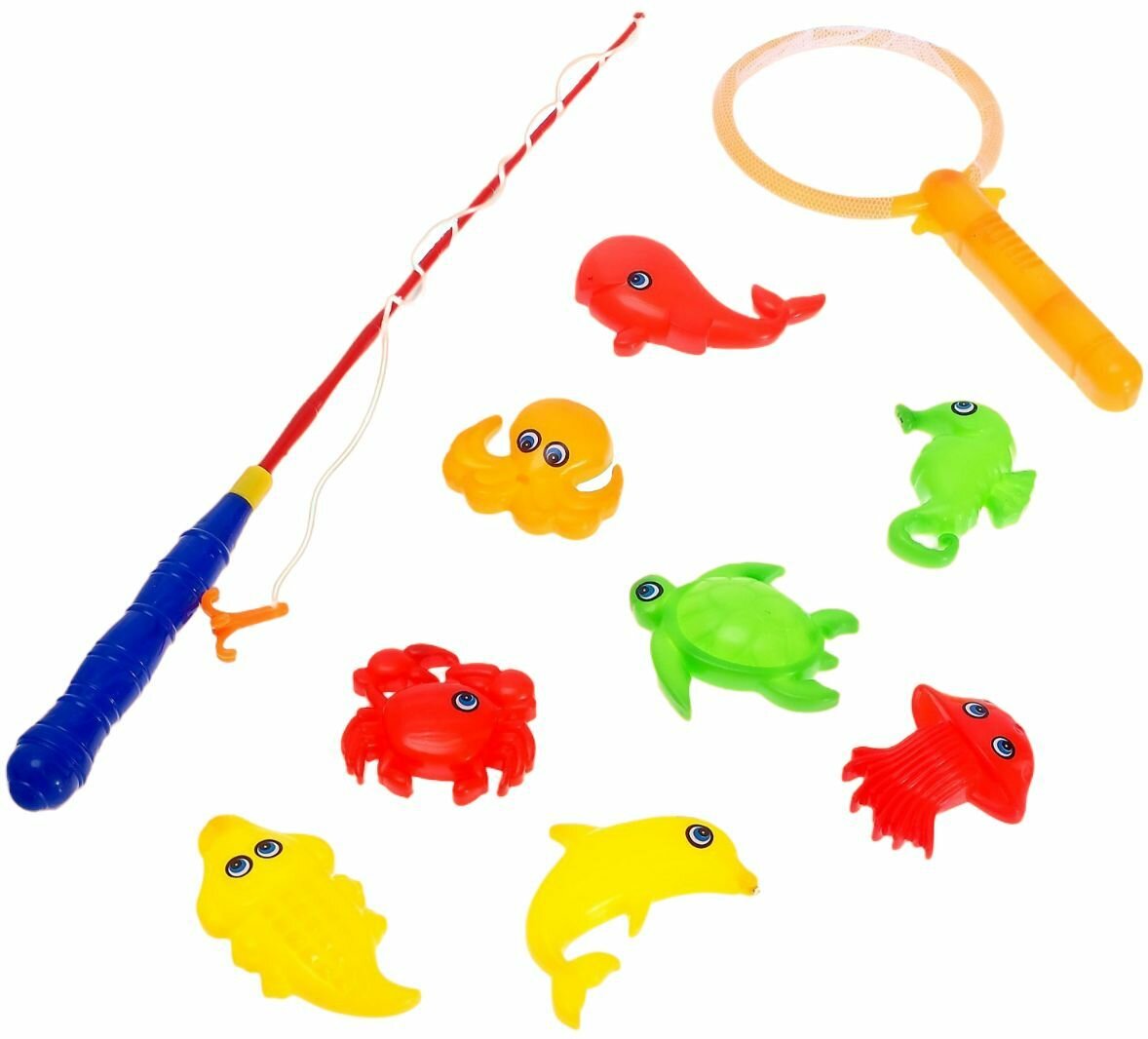 Магнитная рыбалка "Морские жители", игрушка для ванной, игровой набор для купания, развивающая игра для детей, в комплекте удочка, сачок и 8 игрушек-рыбок