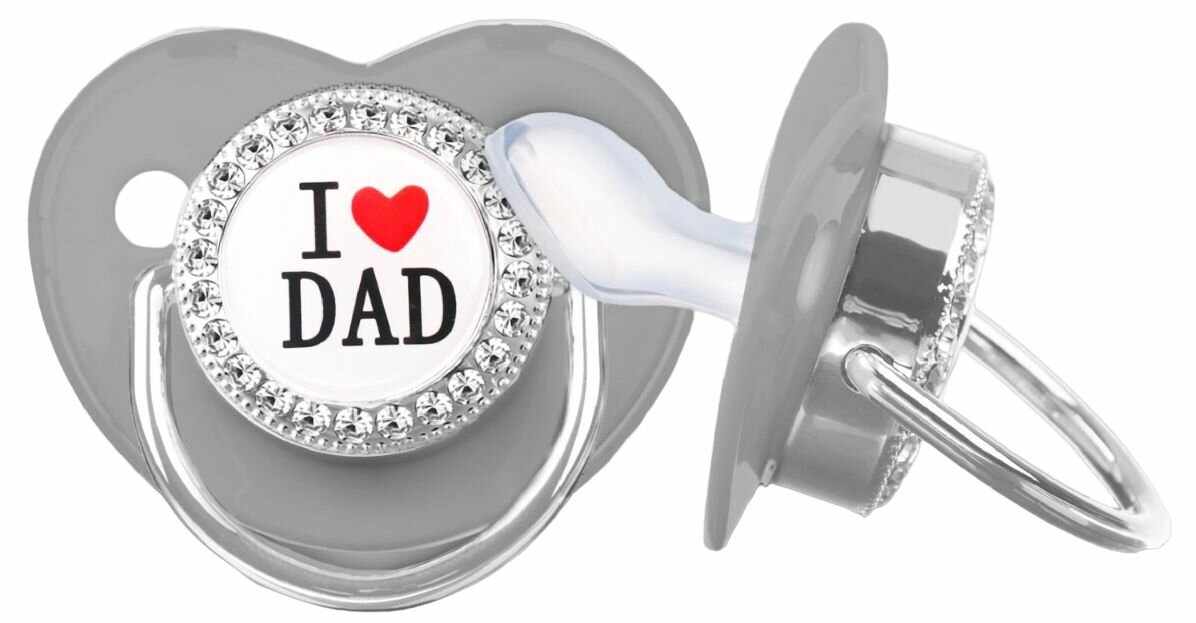 Пустышка ортодонтическая "I LOVE DAD" с колпачком, детская соска со стразами, для малышей от 6 месяцев, белый/серебро