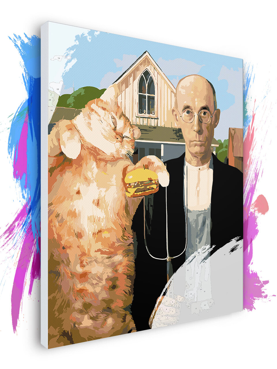 Картина по номерам на холсте Грант Вуд - Американская готика и толстый кот, 40 х 50 см