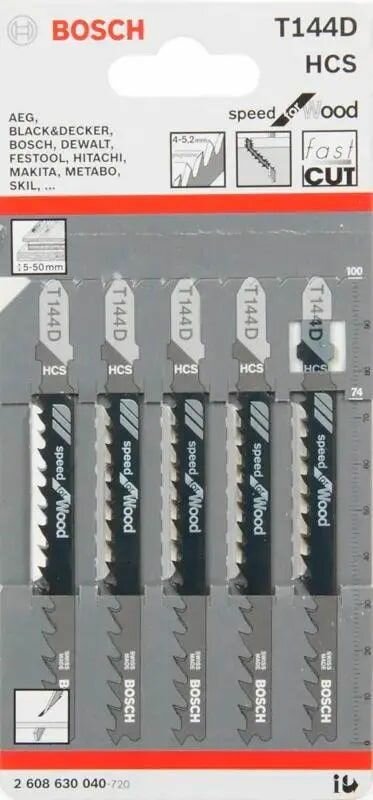 Набор пилок Bosch T144D HCS, по дереву, 74мм, 4.0 - 5.2 мм, 5шт 2608630040