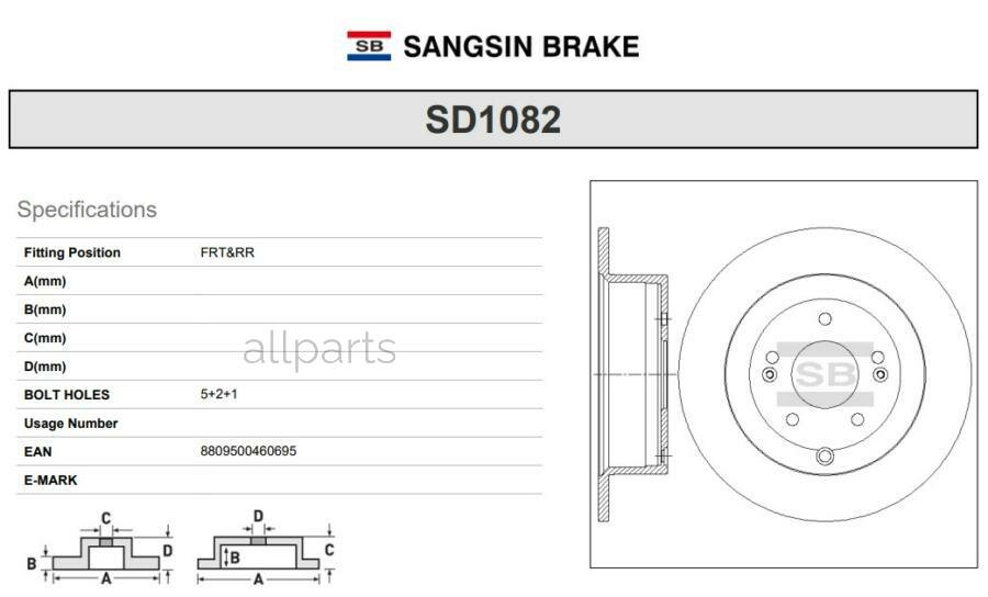 SANGSIN BRAKE SD1082 Диск тормозной задний SANGSIN BRAKE SD1082