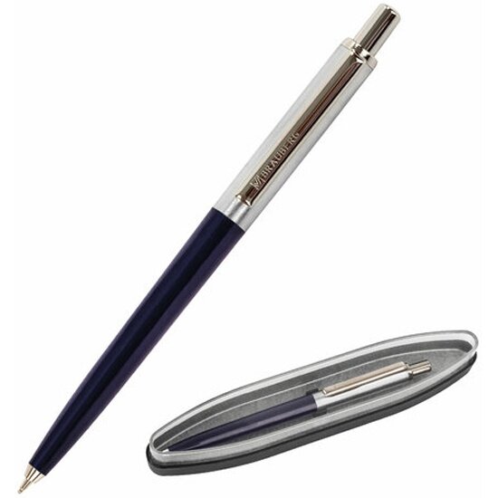 Ручка бизнес-класса Brauberg шариковая Soprano, синяя, корпус серебристый с черным, линия письма 0,5 мм
