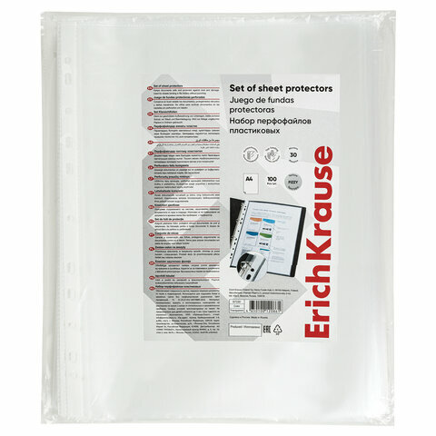 Папки-файлы перфорированные А4 ERICH KRAUSE Fizzy Clear, комплект 100 шт, матовые, 30 мкм, 67330