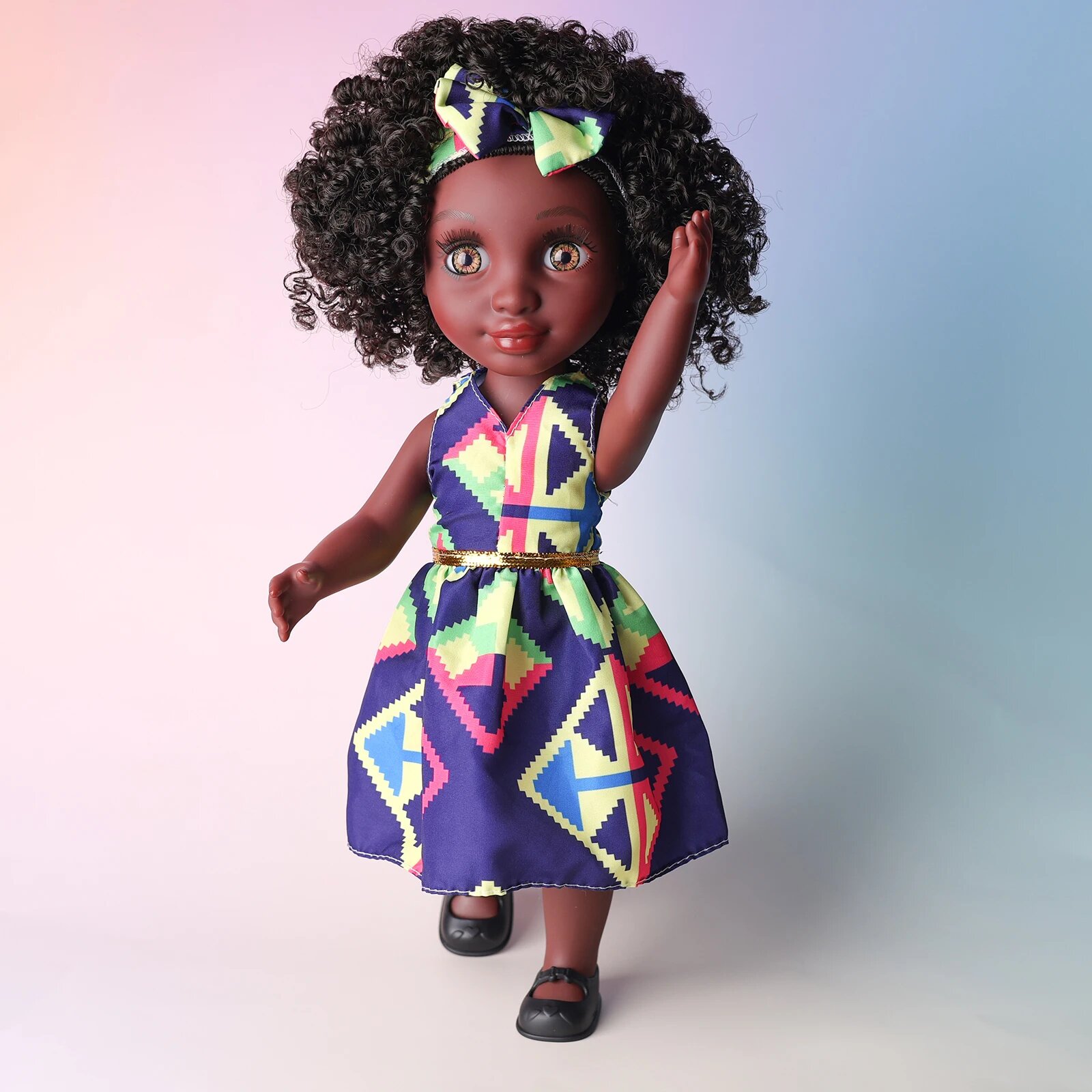 Кукла африканского происхождения, 14 дюймов, американская, черная, с вьющимися волосами. Идеальный подарок для девочки на день рождения. Полный комплект.
