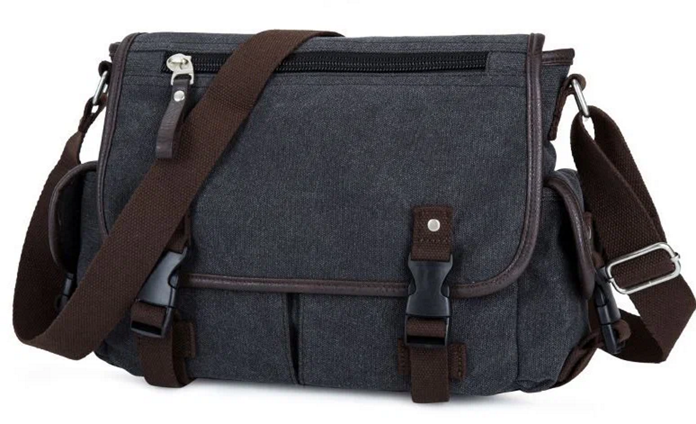 Сумка мессенджер  Сумка через плечо брезентовая с клапаном на защелках, 24х31х9см, черный, мужская| для мальчиков, городская