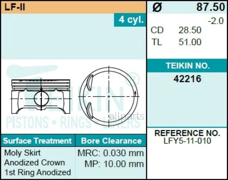 TEIKIN 42216 STD Поршни (к-т 4 шт) STD MAZDA 6/MAZDA 3/ATENZA/PREMACY/MPV LFX/LFD 02-