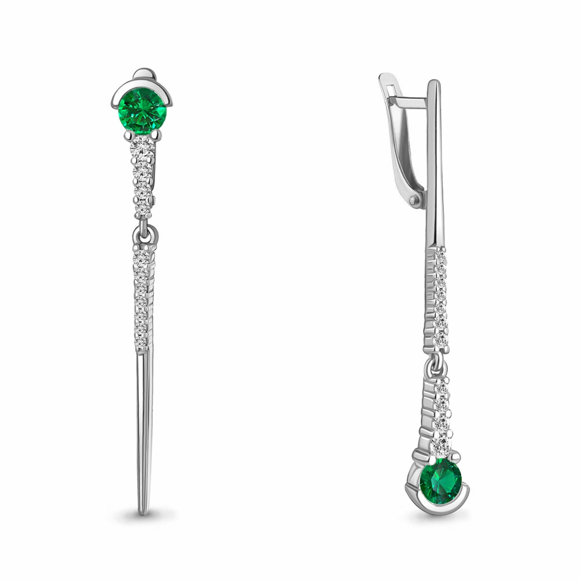 Серьги с подвесками, серебро, 925 проба, родирование, фианит, изумруд синтетический