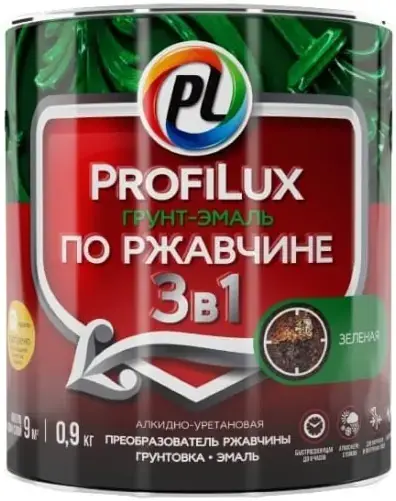 Грунт-Эмаль по Ржавчине Гладкая ProfiLux 0.9кг 3 в 1 Зеленая, Глянцевая, Алкидно-Уретановая, Атмосферостойкая / Профилюкс Гладкая.