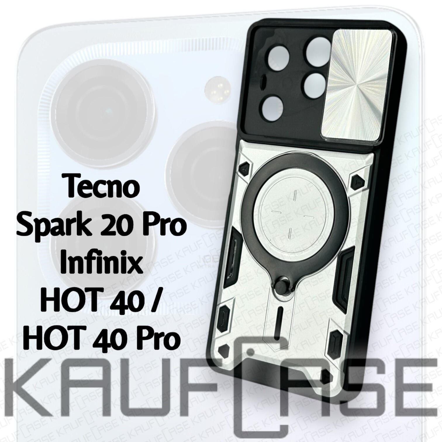 Противоударный чехол на Tecno Spark 20 Pro (6.78"), серебро. Кольцо-держатель и магнитное крепление, яркие пластиковые защитные вставки