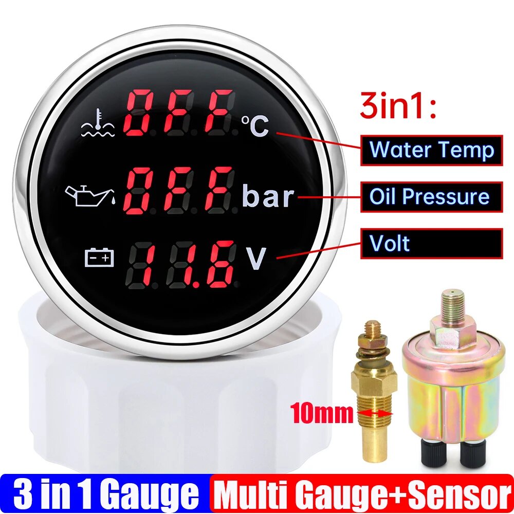 Цифровой датчик 3 в 1 52 мм с сигнализацией 0 ~ 120 ℃ Датчик температуры воды + давление масла + напряжение с датчиком давления масла/датчика температуры воды на заказ 10mm BS