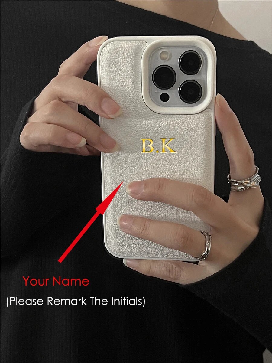 Чехол «сделай сам» с гравировкой, персонализированный Чехол с инициалами для iPhone 16 15 14 13 Pro Max 12 Pro, роскошный кожаный чехол в Корейском стиле для 15 Pro Max Белый, для iphone14pro(6,1 дюйма), White 1