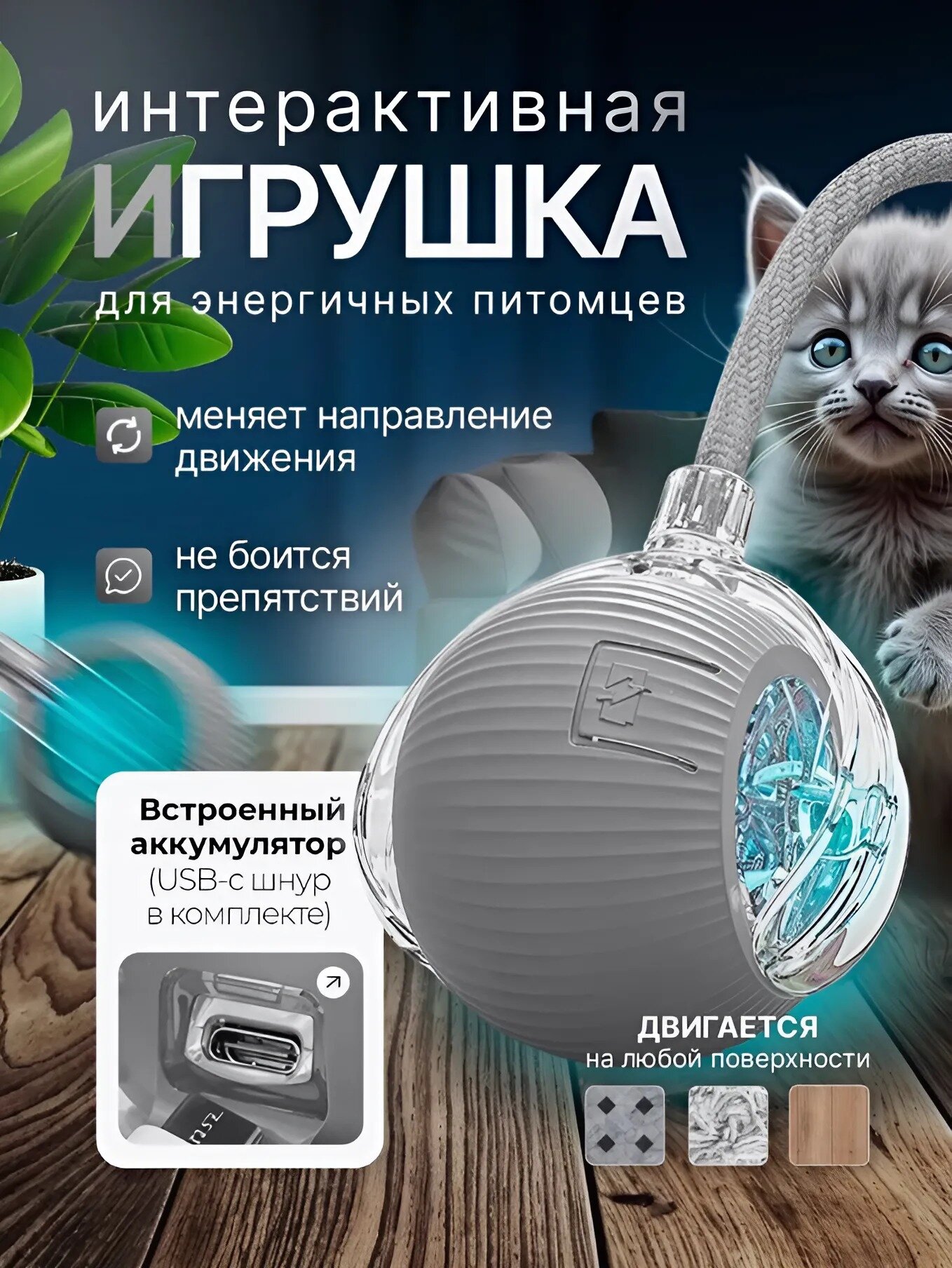 Интерактивная игрушка для кошек и собак мелких пород , цвет серый