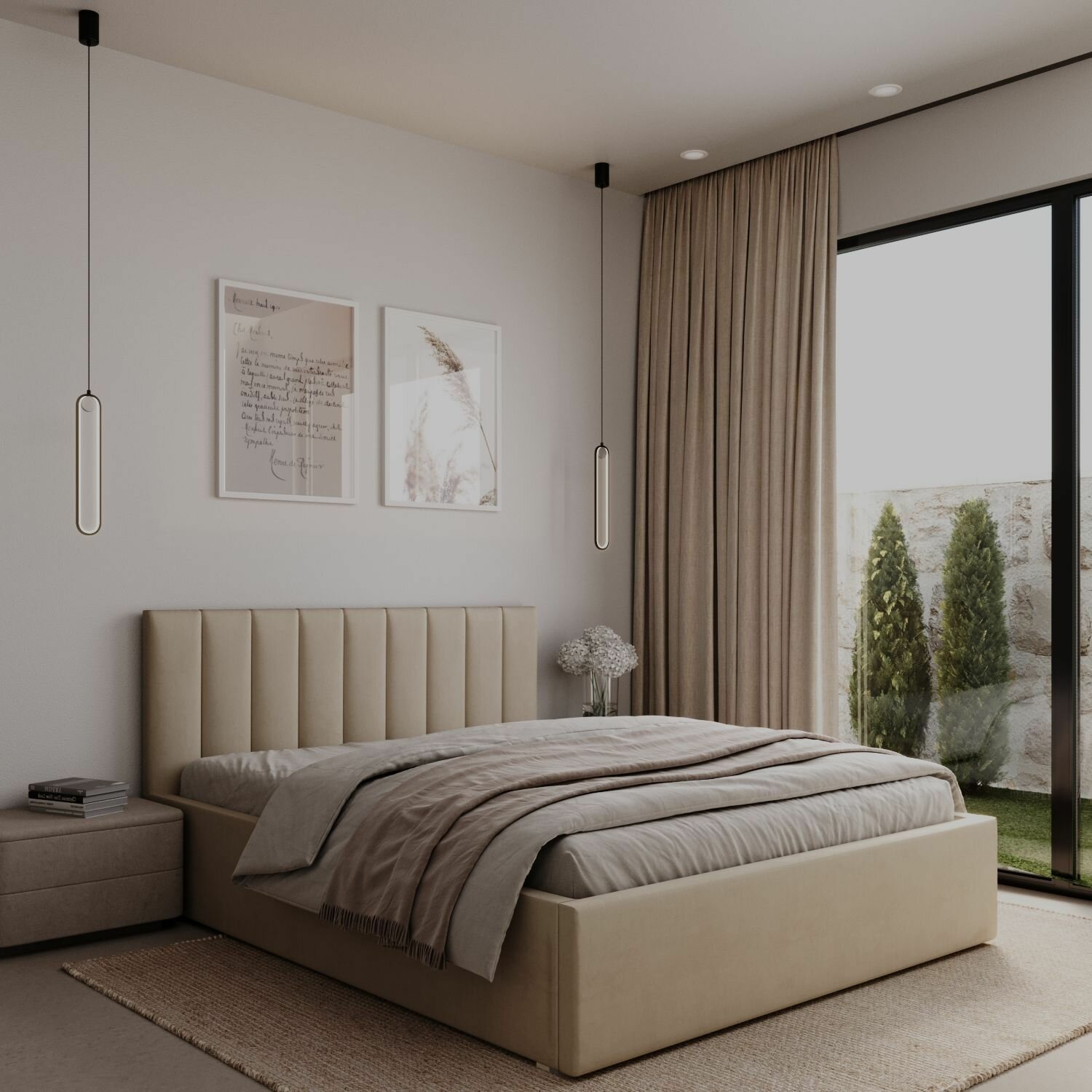 Кровать Афина 200х200 двуспальная с подъемным механизмом, с ящиком для белья, бежевая