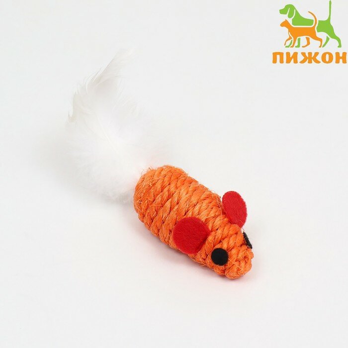 Игрушка для кошек Мышь сизалевая малая, с меховым хвостом, 5.5 см, оранжевая