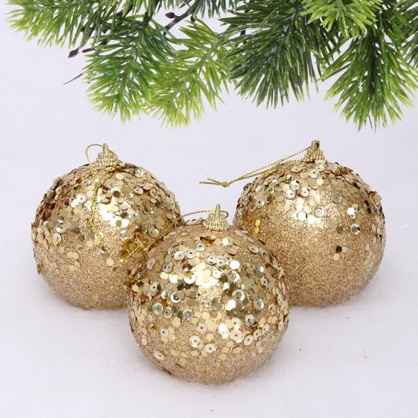 Елочные шары Серпантин "Glame - Блеск" 8 см, 3 шт, Золото