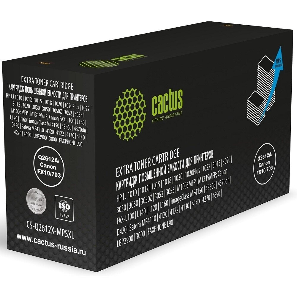 Картридж лазерный Cactus CS-Q2612X-MPSXL Q2612A/Canon FX10/703 черный (8000стр.) для HP LJ 1010/1012/1015/1018/1020/1020Plus/1022/3015/3020/3030/3050/3050Z/3052/3055/M1005MFP/M1319MFP; Canon FAX-L100/