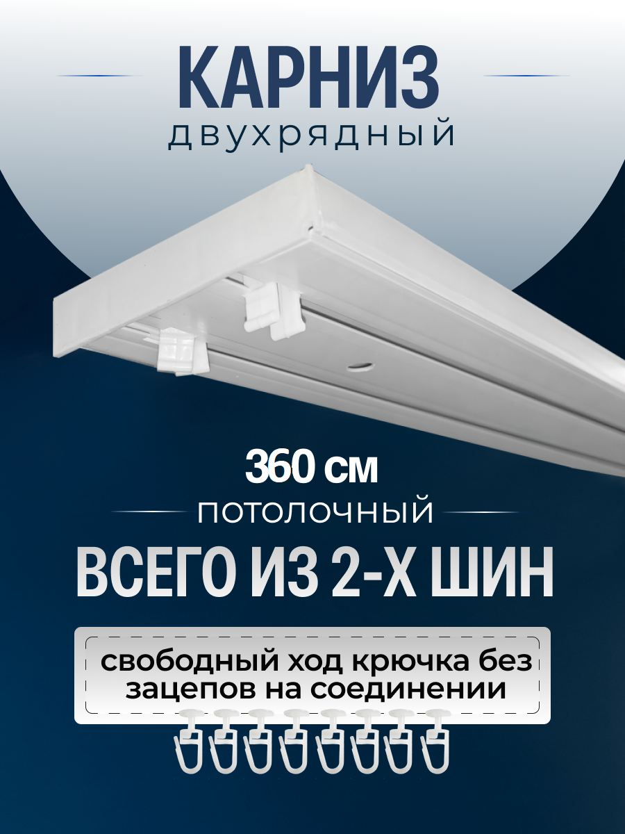 Карниз для штор потолочный двухрядный с пазом для бленды 360см.