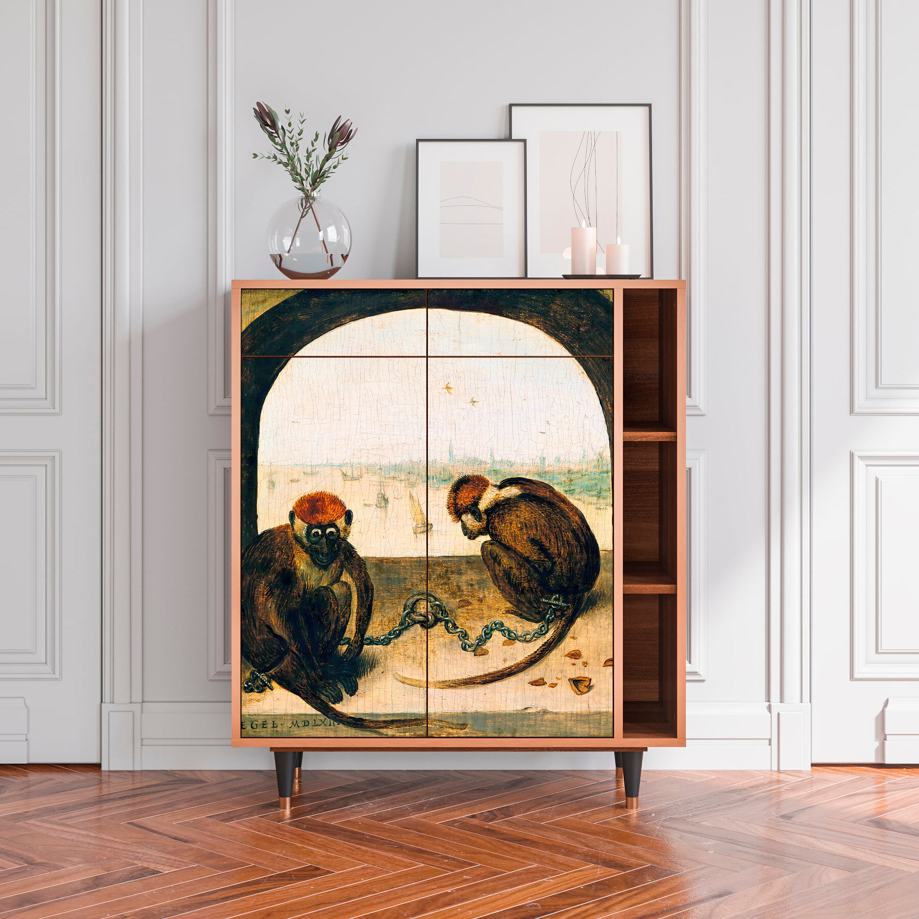 Комод - STORYZ - BS6 Two Monkeys by Pieter Bruegel the Elder, Размер - 94 x 110 x 41 см, Цвет корпуса - , Орех