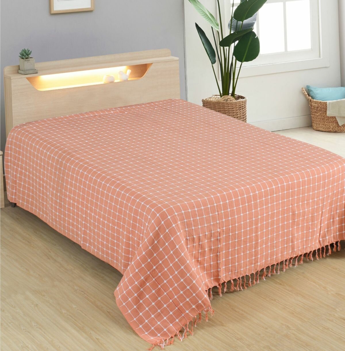 Shekhor Покрывало Прия Премиум хлопковое с бахромой Индия оранжевое SGF- 225х250 см