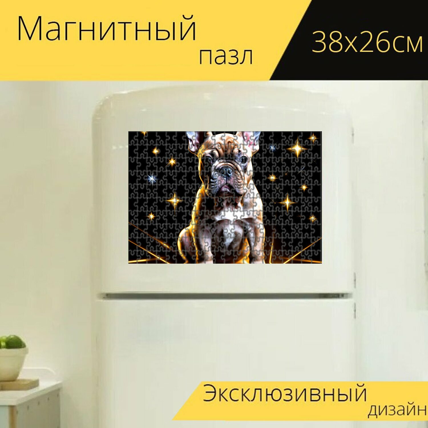 Магнитный пазл "Щенок французского бульдога, сидящий на черном фоне, с эффектами светящихся линий и звезд, создающих впечатление фотореалистичности и волшебства." для интерьера, 38х26 см.