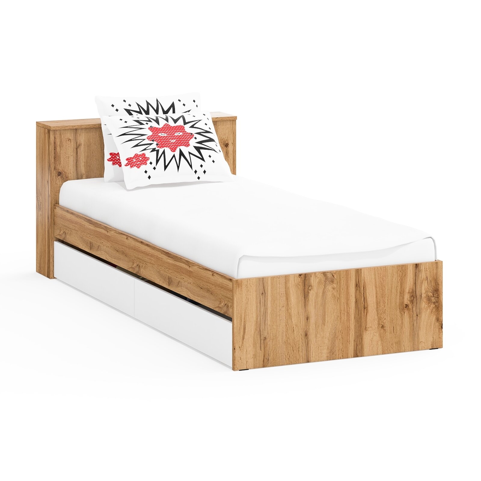 Кровать СВК Ксения 900 с ящиками односпальная, цвет дуб вотан/белый, ШхГхВ 96,4х221,6х72 см.