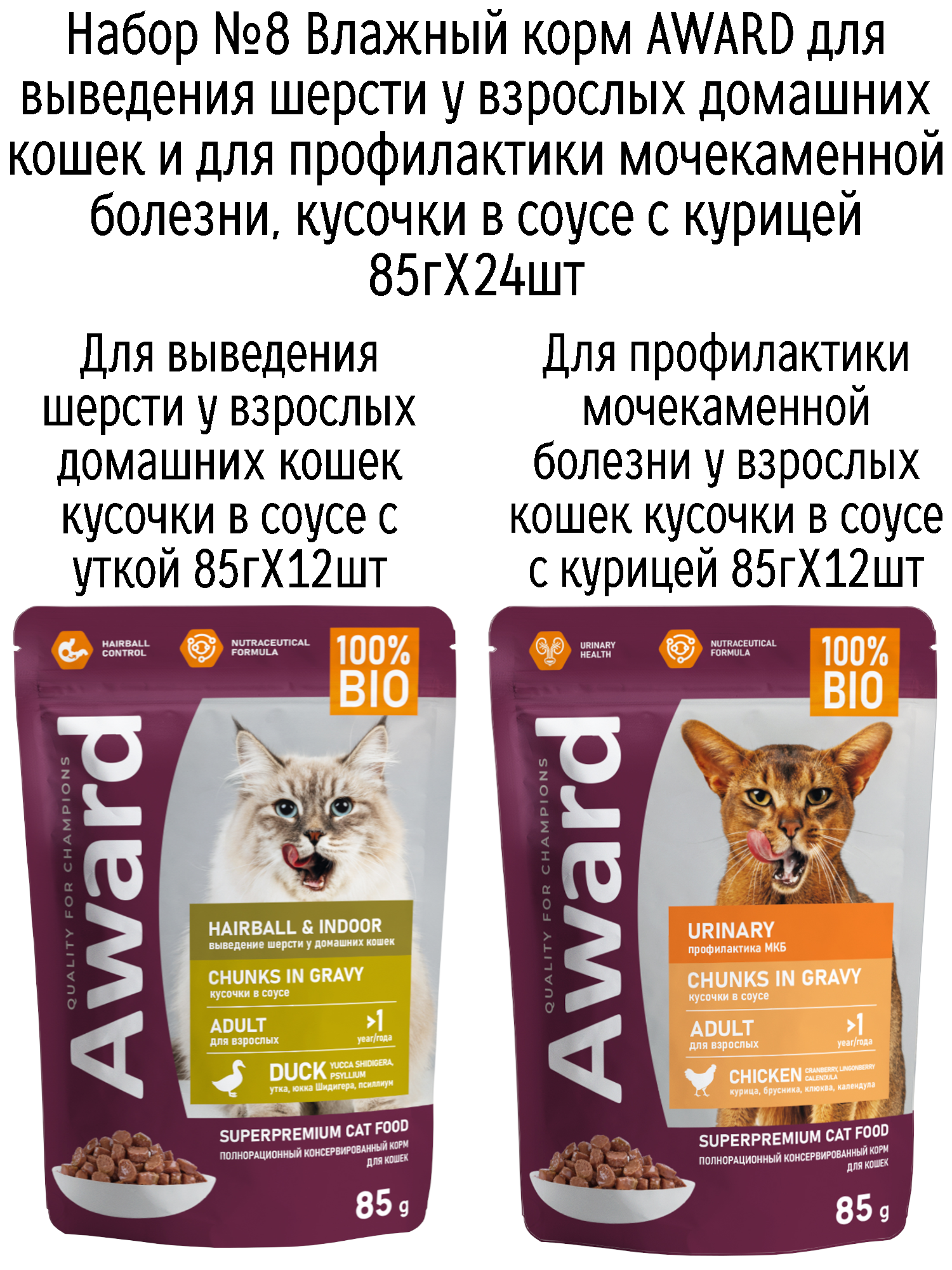 Набор №8 Влажный корм AWARD для кошек кусочки в соусе с уткой и курицей, паучи, 24 шт х 85 гр (2 вкуса по 12 шт)