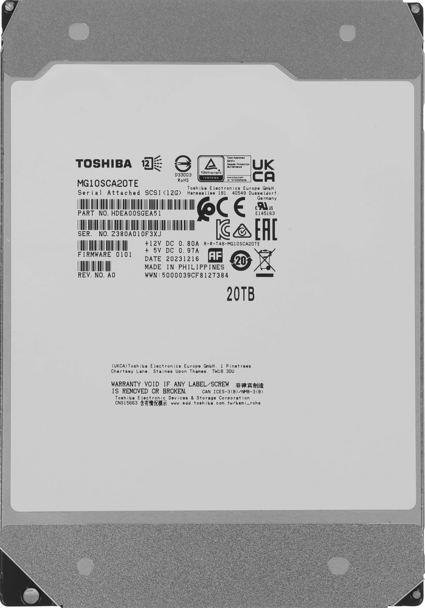 Жесткий диск Toshiba SAS 3.0 20Tb MG10SCA20TE Server 512E, 3.5"