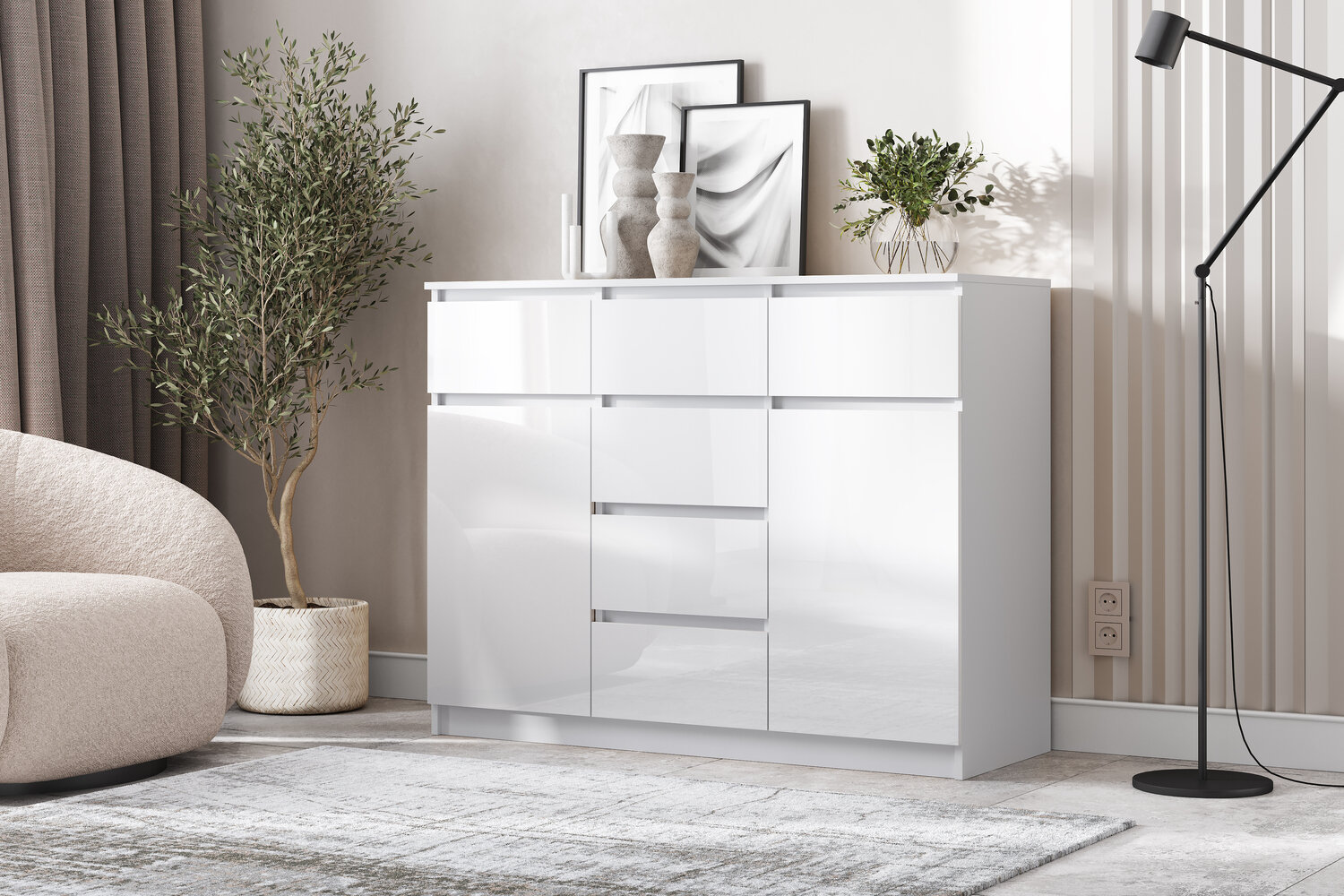 Комод Челси 1200 (2 двери 6 ящиков), Белый глянец холодный, Белый