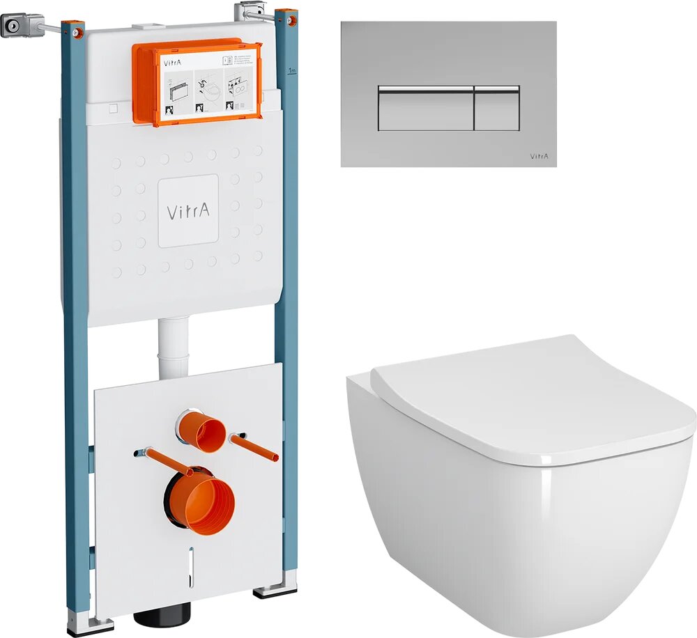 Комплект 4 в 1 Унитаз подвесной VitrA Shift 7742B003-0075 белая глянцевая / Сиденье Integra Square 810-003-009 быстросъемная, с микролифтом / Инсталляция V-Fix Core 732-5800-01PV, Кнопка Root Square
