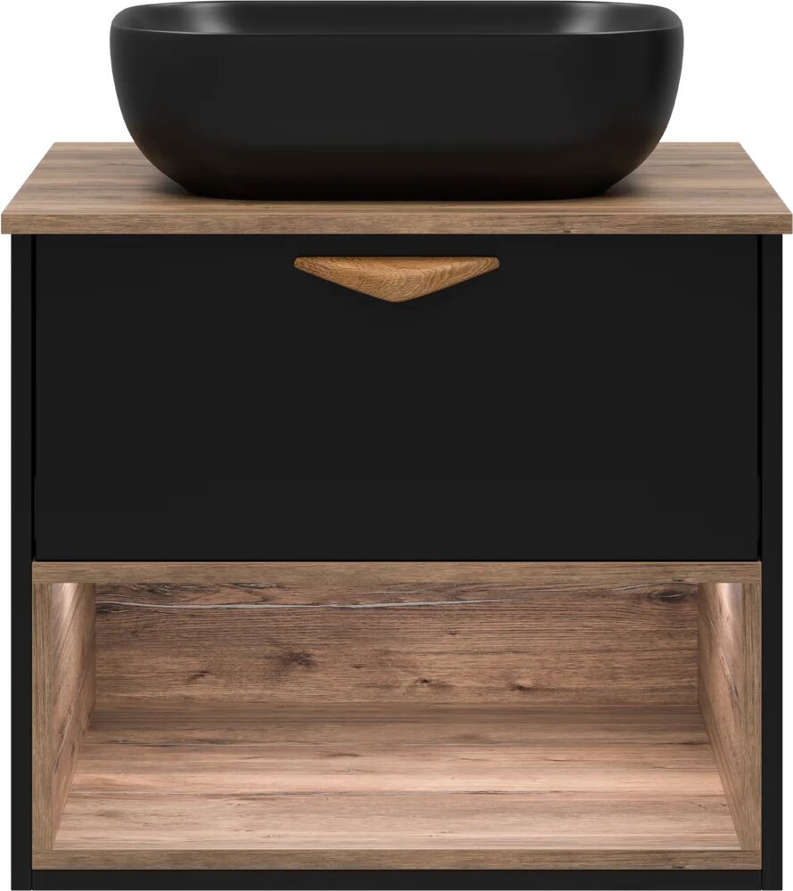 Тумба под раковину со столешницей Brevita Bergen 60 подвесная, темное дерево, черная, матовая, из МДФ, из ЛДСП, тумба для ванной, с ящиками, с доводчиками