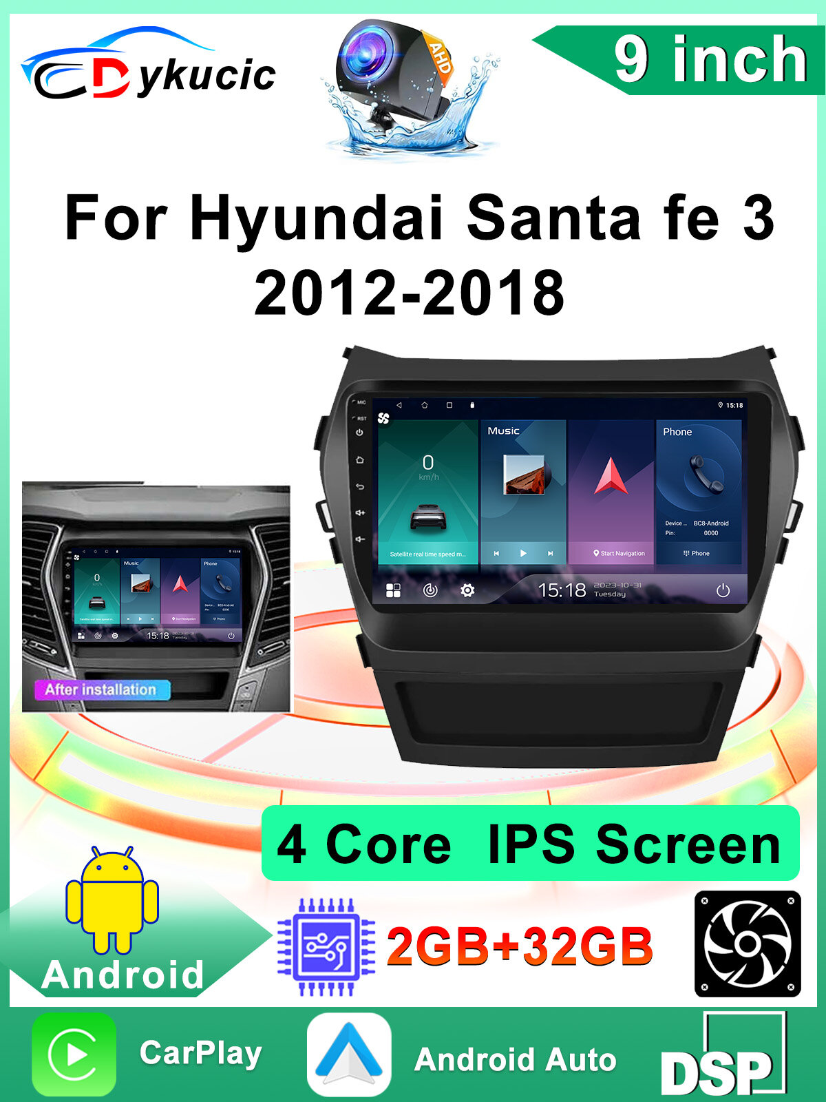 Магнитола для Hyundai Santa fe 3 2012-2018,4 ядерный процессор, Wifi, андроид штатная автомагнитола
