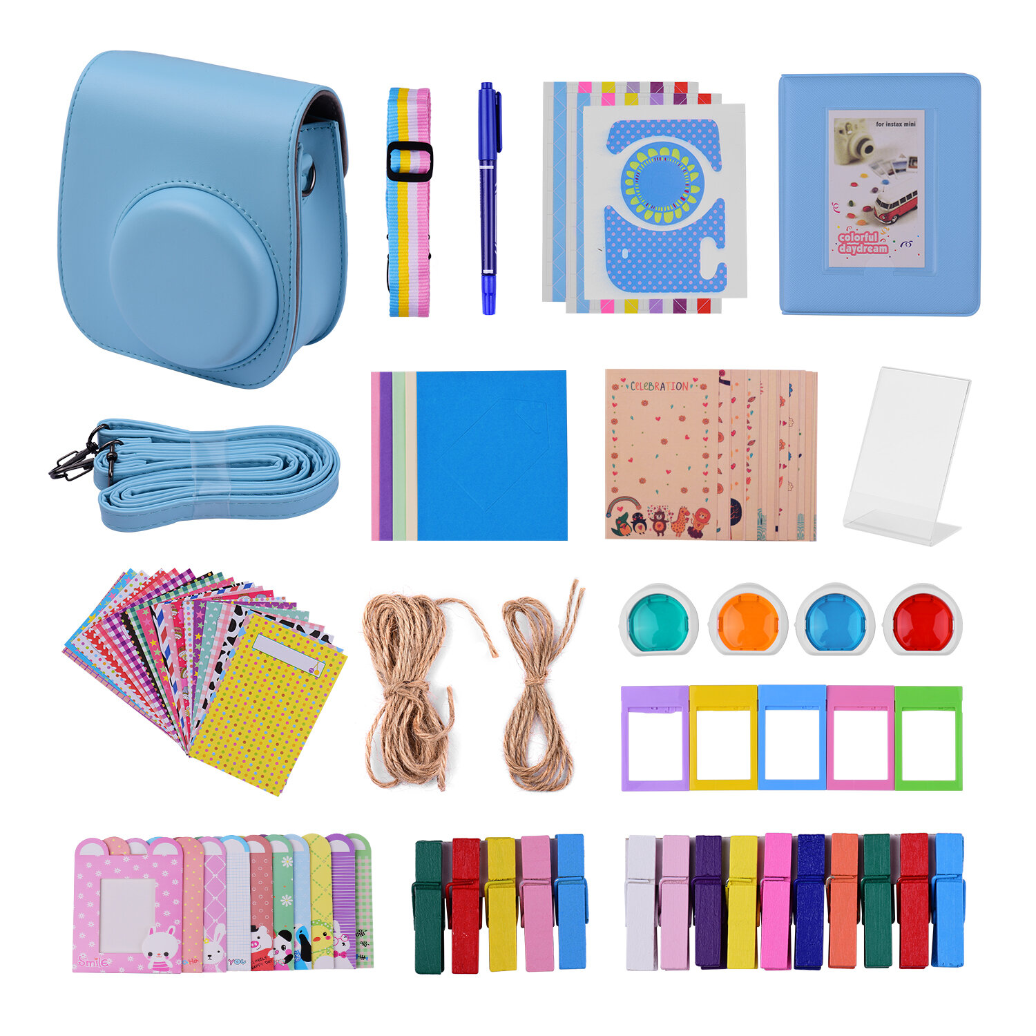 Набор аксессуаров для камеры 12-в-1 совместимый с Fujifilm Instax Mini 11, включая сумку для камеры, ремень для камеры, фотоальбом, фотоклипсы, фоторамку, подвесную нить, стикеры, ручку; цвета: Белый, Черный, Фиолетовый, Голубой, Розовый, Серебряный (по