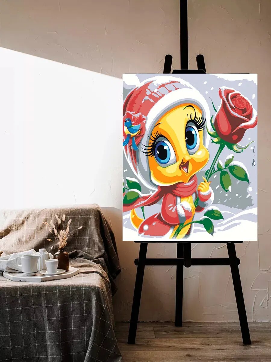 Картина по номерам Мультяшный Цыпленок с Розой Животное