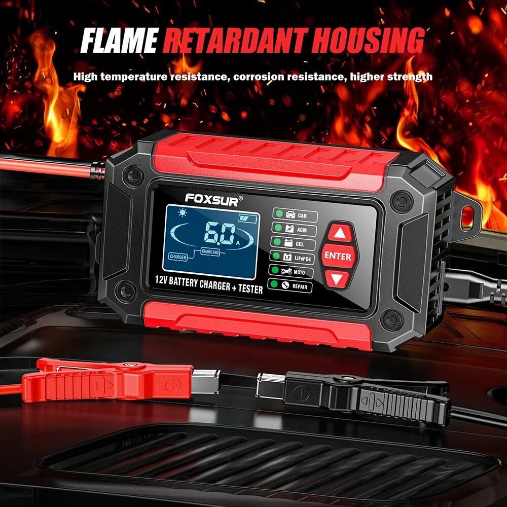 Тестирование FOXSUR Тестер батареи 2-в-1 + анализатор батареи, 12 В для автомобилей и мотоциклов, свинцово-кислотный, глубокий цикл AGM LiFePo4 интеллект, EU-plug