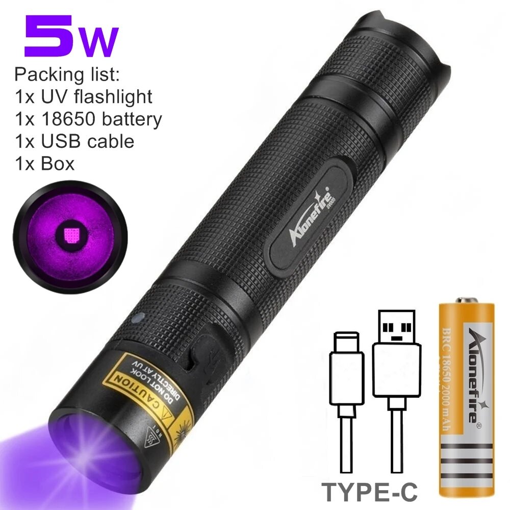 Ультрафиолетовый УФ-фонарь 10 Вт, Перезаряжаемый Через USB, Черный, Яркий, Для Обнаружения Скорпионов, Кошек, Денег, Руды