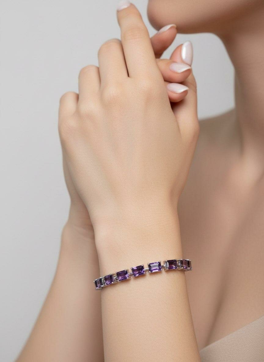 Браслет, серебро, 925 проба, родирование, аметист