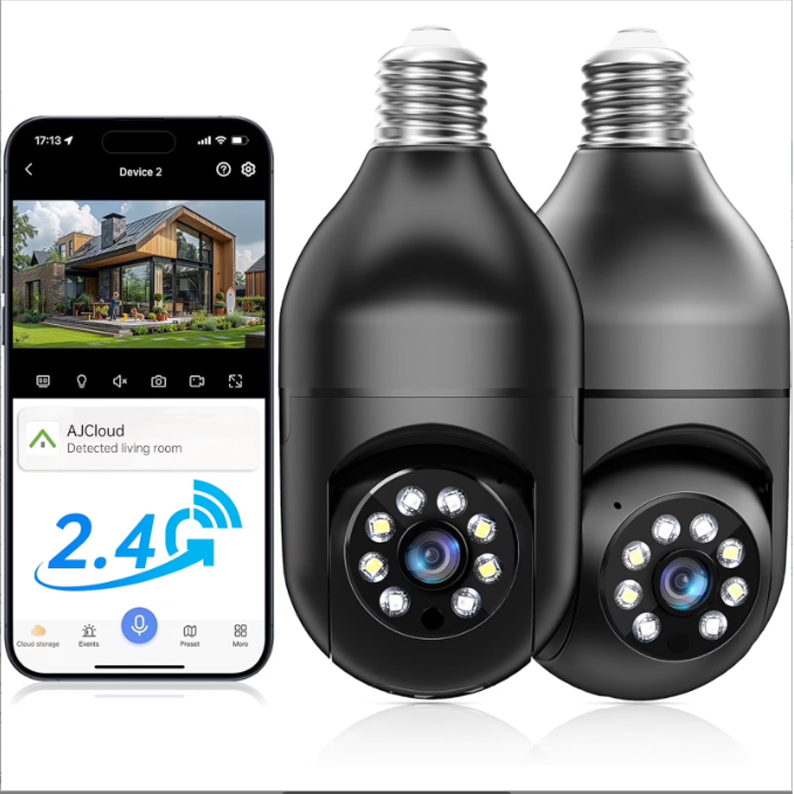 Камера для безопасности дома в виде лампочки 2.4G WiFi беспроводная двухсторонняя речь полноцветное ночное видение черный 2шт