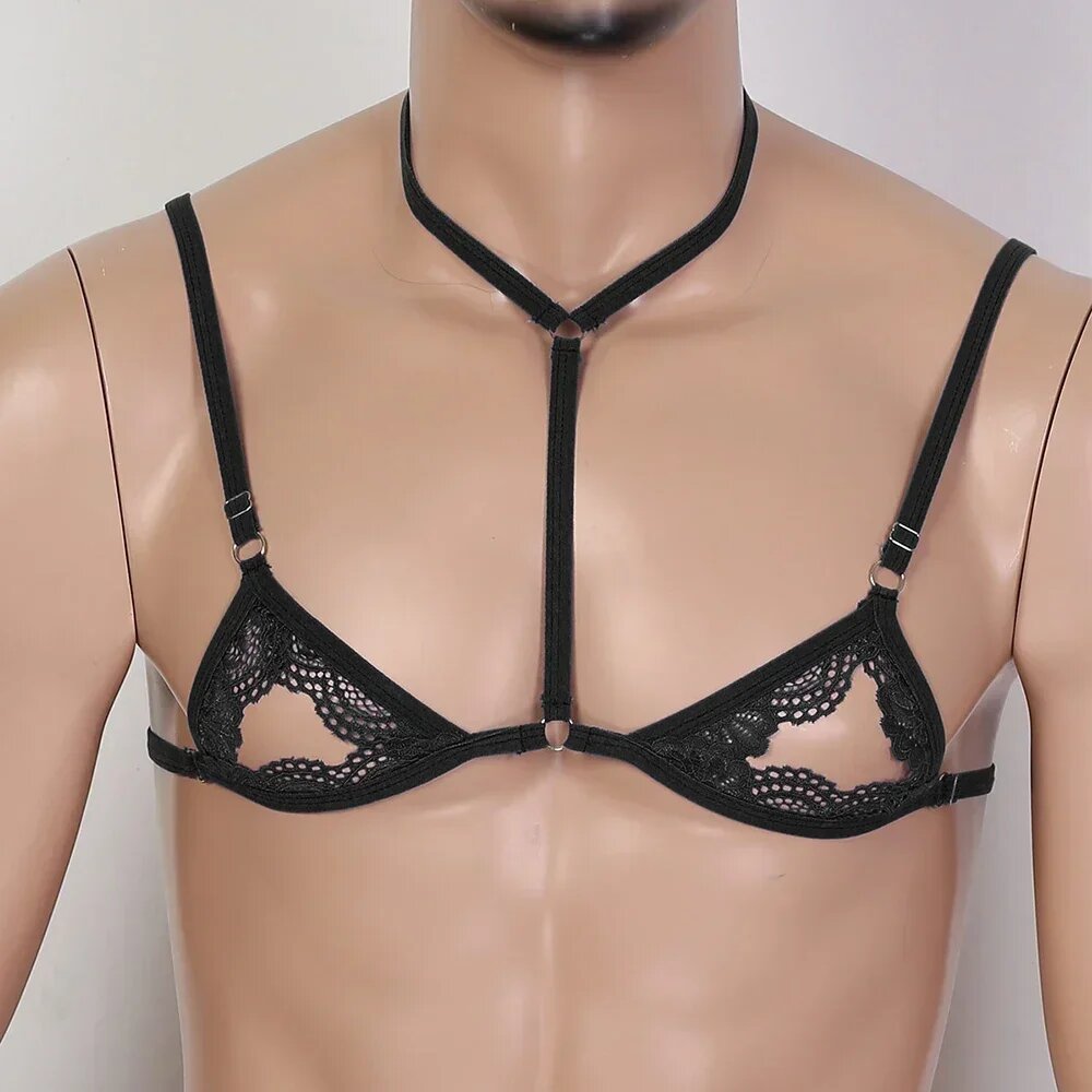Мужской бюстгальтер с открытым кончиком, нижнее белье, эротический прозрачный кружевной бюстгальтер, мужское сексуальное нижнее белье для трансвеститов, бюстгальтер с лямкой на шее, регулируемые бретели, майки Черный, XL, Black