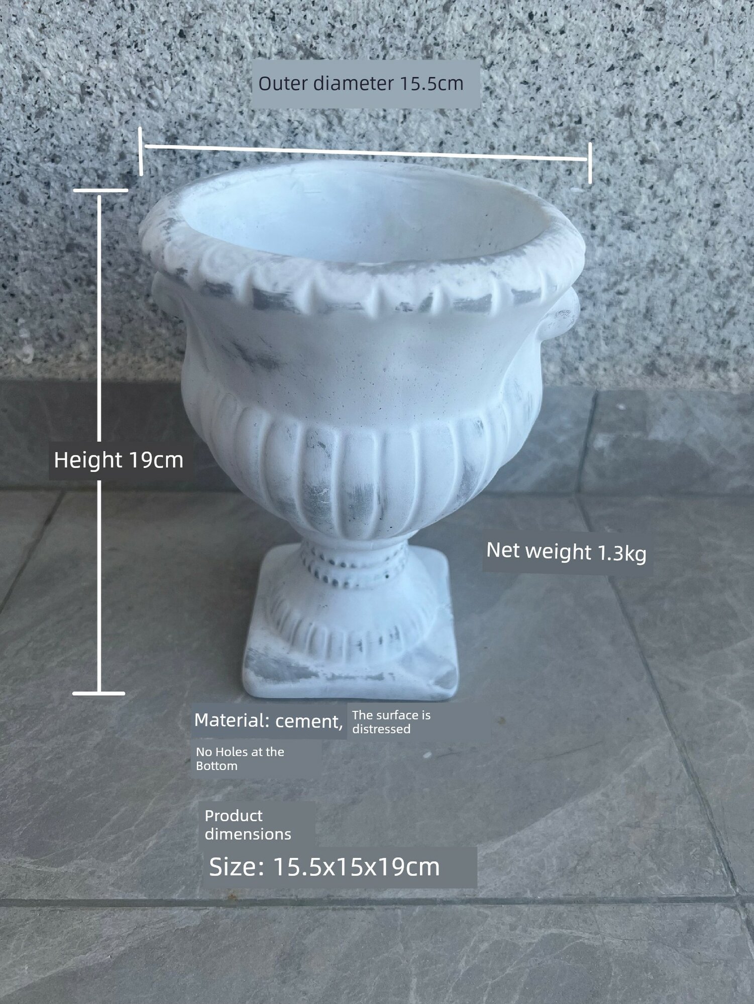 Ручная работа дистрессированная белая ваза из бетона, 15,5x15x19 см для суккулентов и интерьерного декора