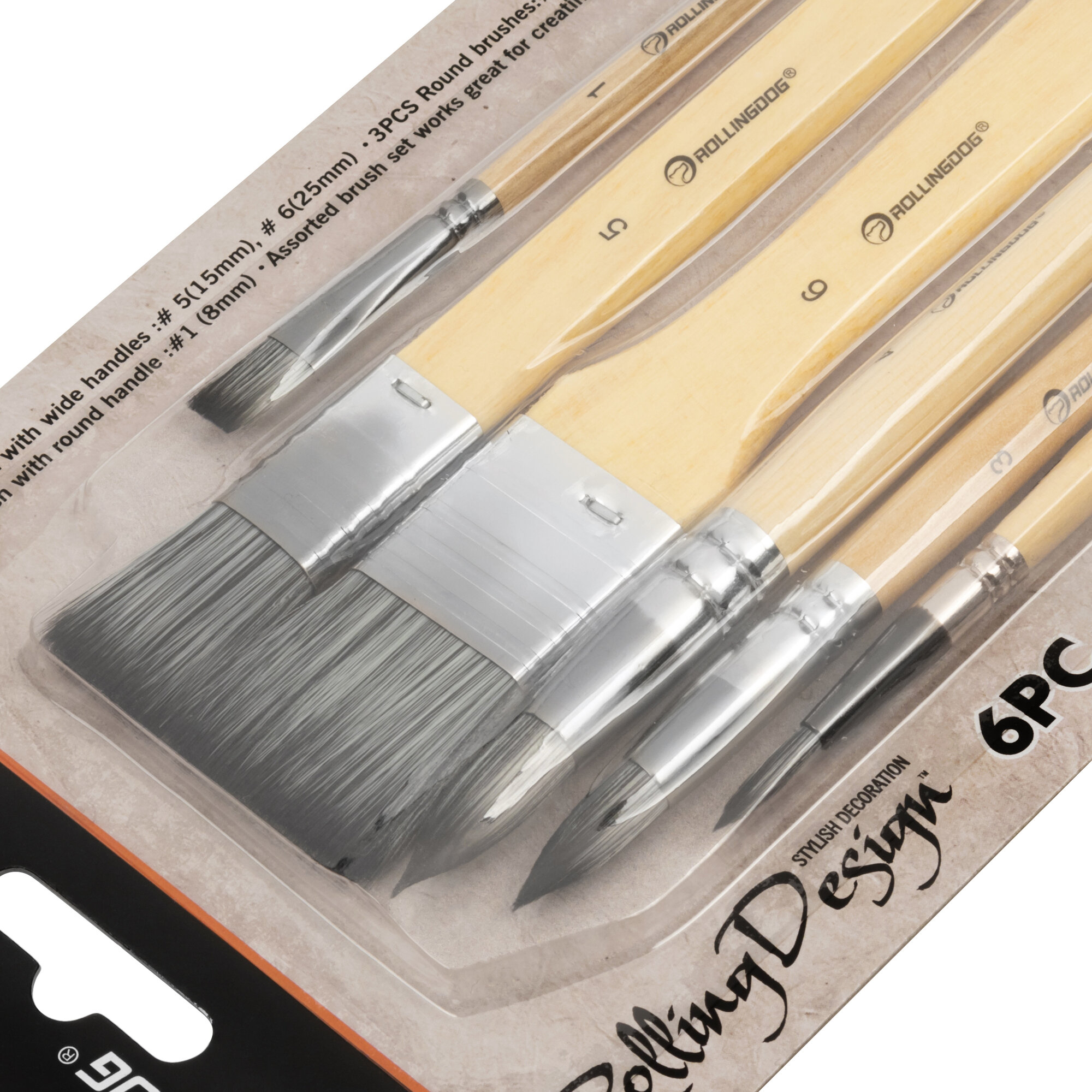 Набор кистей Rollingdog 4/8/8/10/15/25/мм, 6шт, синтетика, серия Standard, арт.81462