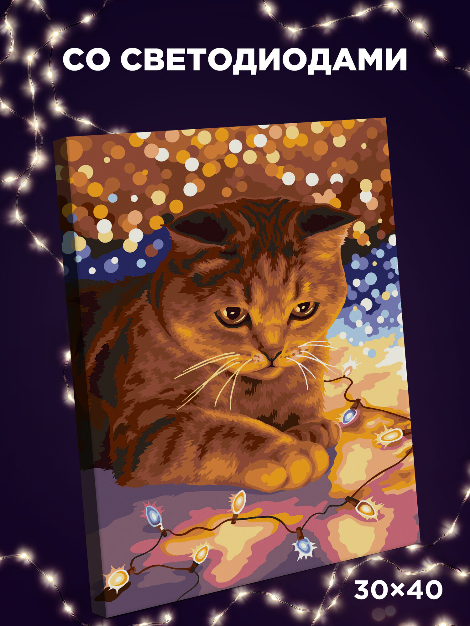 Картина по номерам со светодиодами с холстом на подрамнике светящаяся "фрея" 30х40 см "Котик с огоньками" PNB/PMDD-188