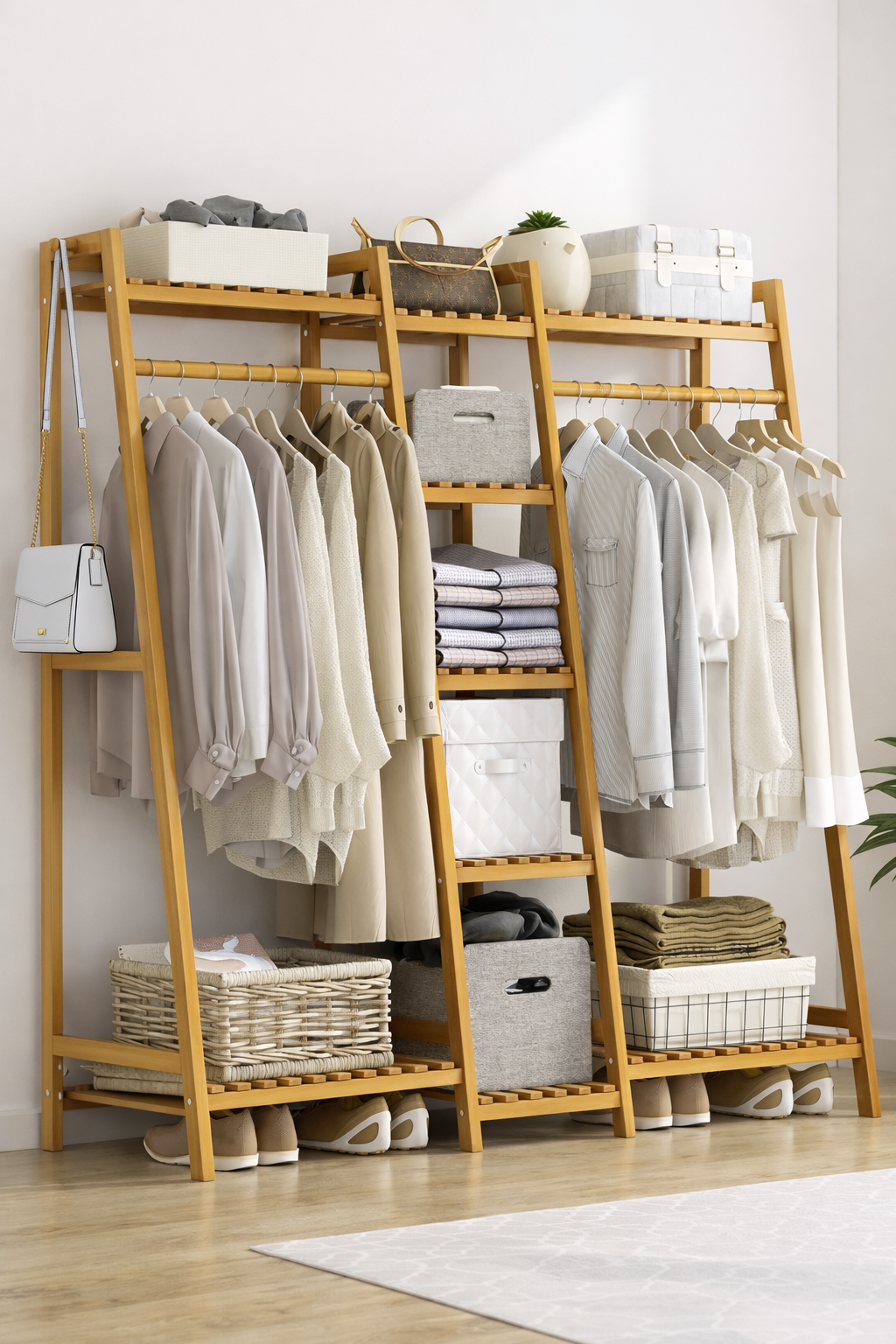 Стеллаж деревянный, вешалка напольная для одежды Bambuchka, 130х40х140 см, натуральный бамбук